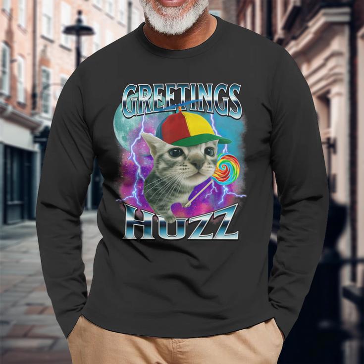 Greetings Huzz Cat Meme Lovers Silly Cats Brainrot Long Sleeve T-Shirt ...