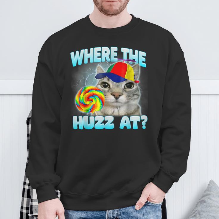 Where The Huzz At Gen Z Gen Alpha Silly Cat Meme Sweatshirt - Thegiftio