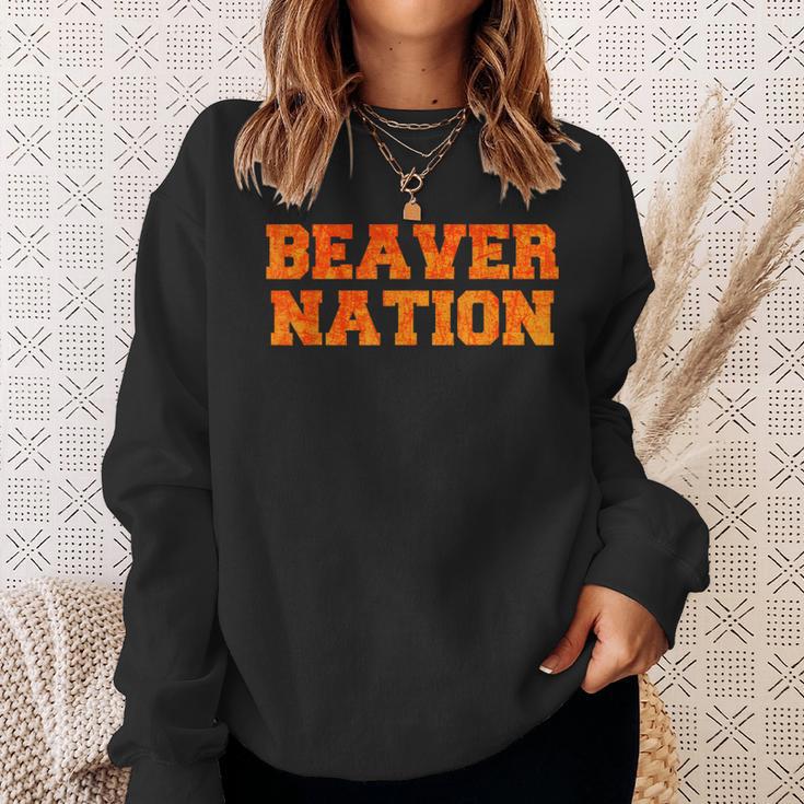 Beaver Nation For State Of Oregon Orange Distressed Font Sweatshirt ...