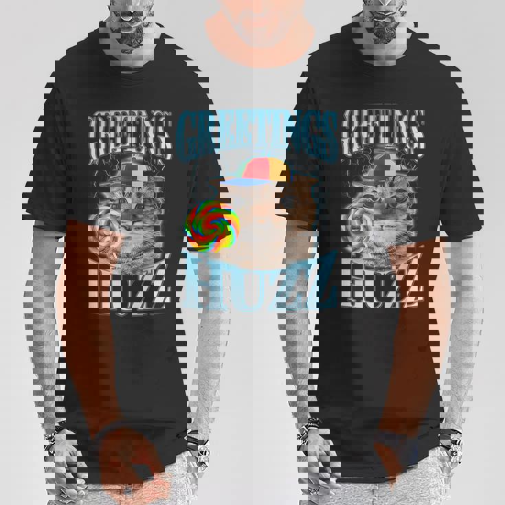 Lollipop Cat Meme Greetings Huzz Silly Cat Brainrot T-Shirt - Thegiftio UK