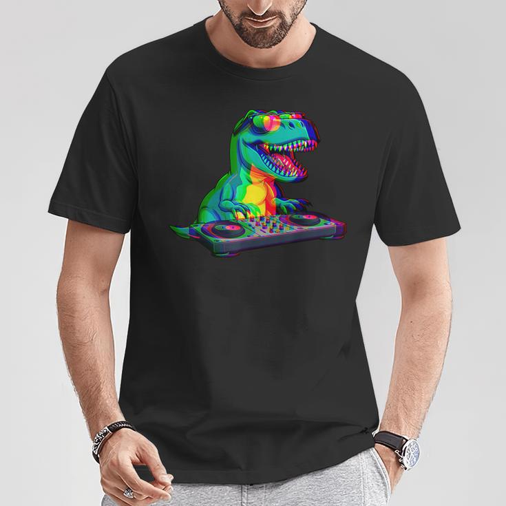 T-Rex Dj Optical Illusion T Rex Dinosaur Dino Edm Dance T-Shirt - Monsterry