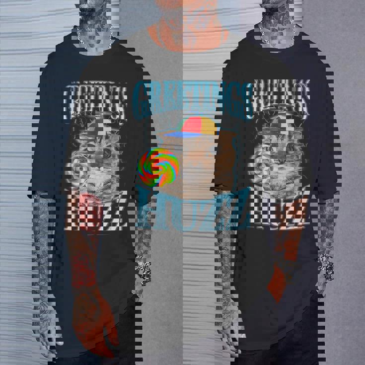 Lollipop Cat Meme Greetings Huzz Silly Cat Brainrot T-Shirt - Thegiftio